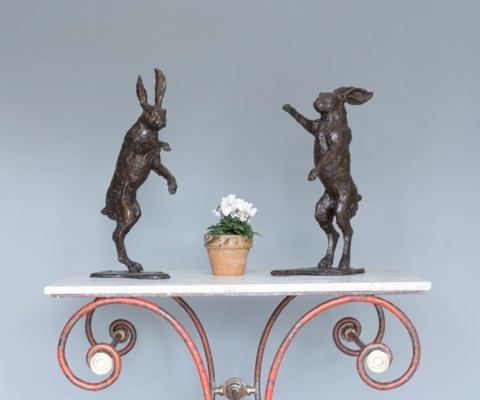 Pair of Sculptured Boxing Hares in Bronze - DGA by Tina Bird
