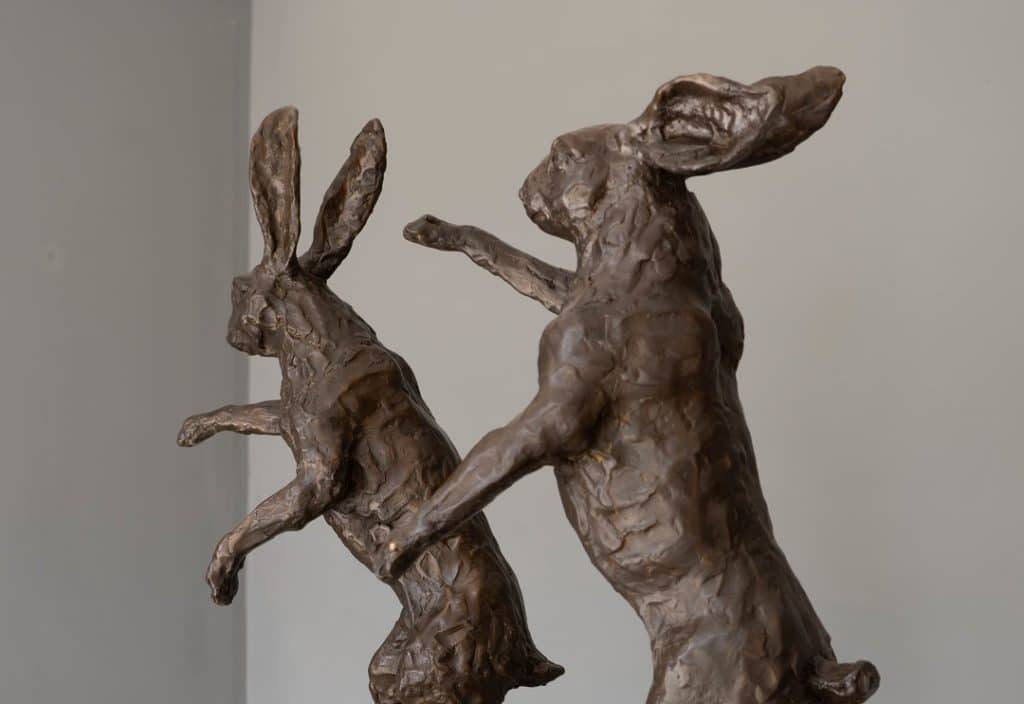 Pair of Sculptured Boxing Hares in Bronze - DGA by Tina Bird