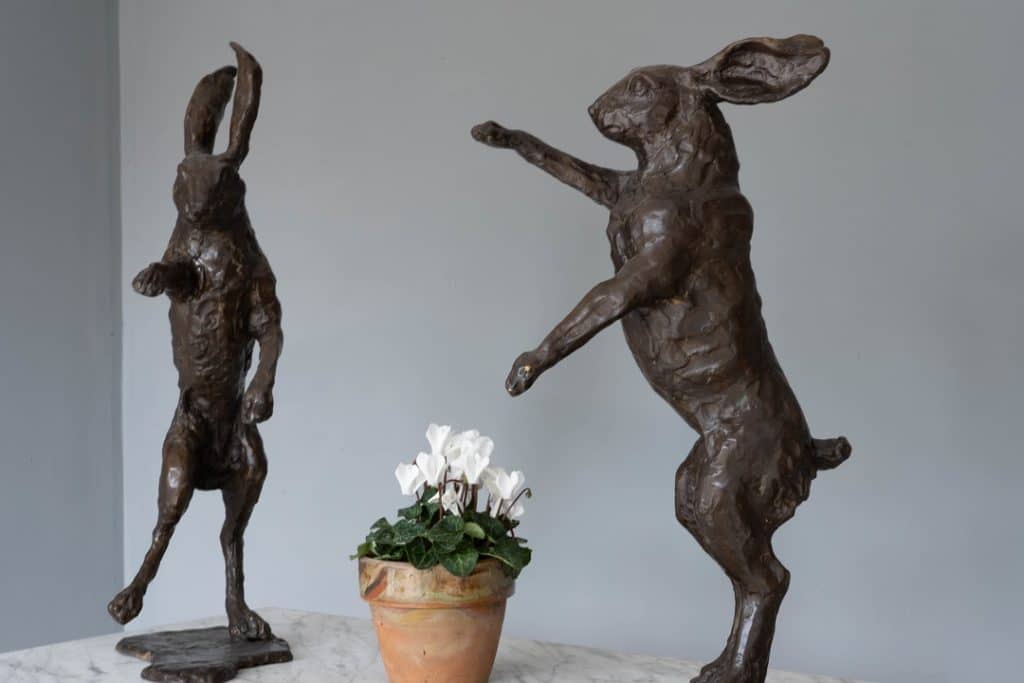 Pair of Sculptured Boxing Hares in Bronze - DGA by Tina Bird