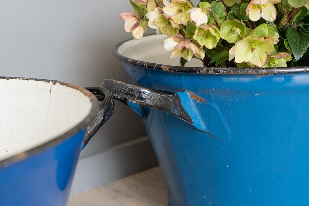Vintage Blue Enamel Pair of Garden Planters - DGA by Tina Bird