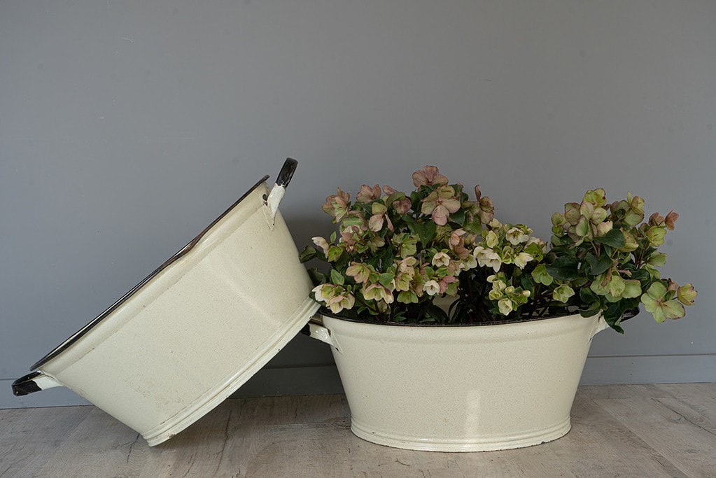 Vintage Cream Pair of Enamel Planters - DGA by Tina Bird