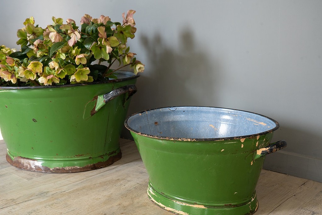 A Green Pair of Vintage Enamel Planters - DGA by Tina Bird