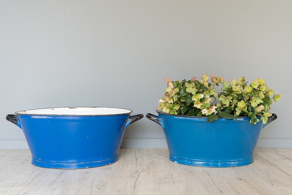 Vintage Blue Enamel Pair of Garden Planters - DGA by Tina Bird