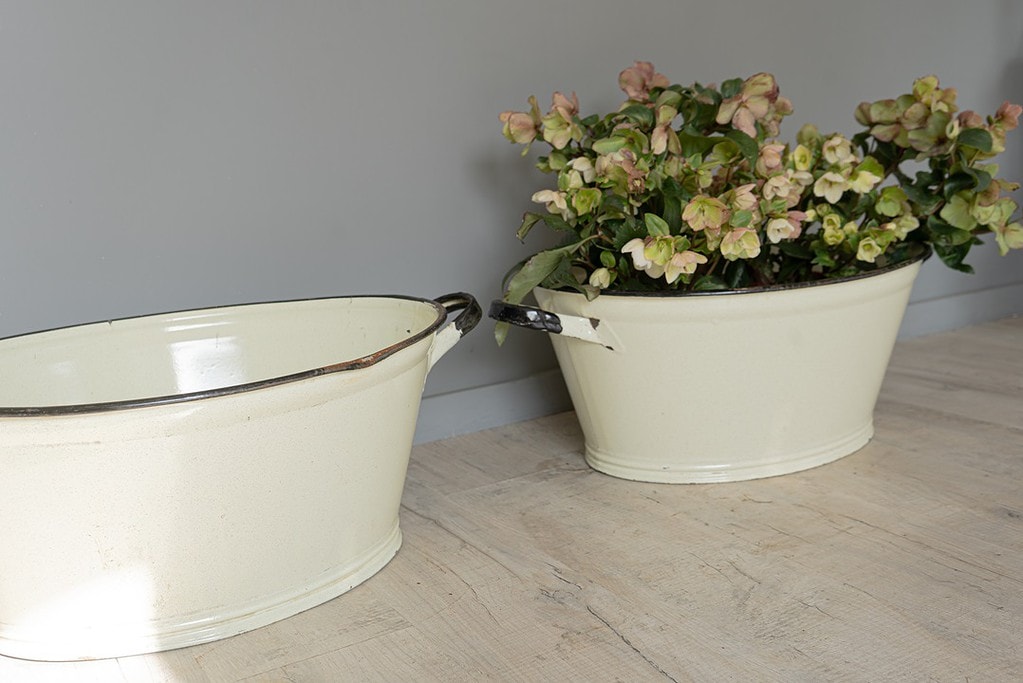 Vintage Cream Pair of Enamel Planters - DGA by Tina Bird