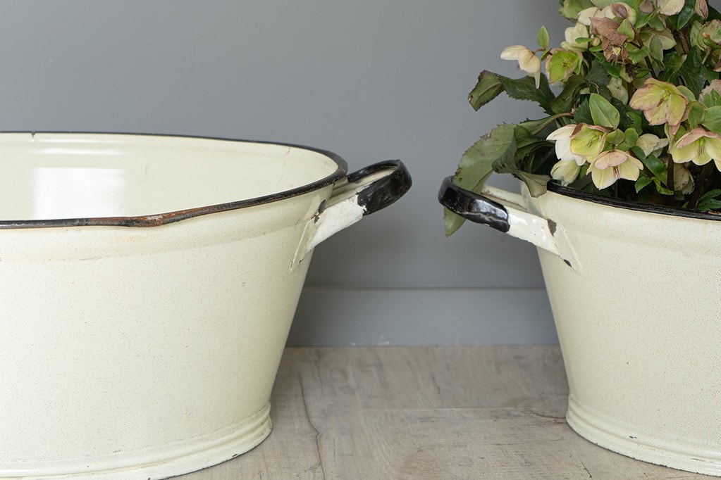 Vintage Cream Pair of Enamel Planters - DGA by Tina Bird