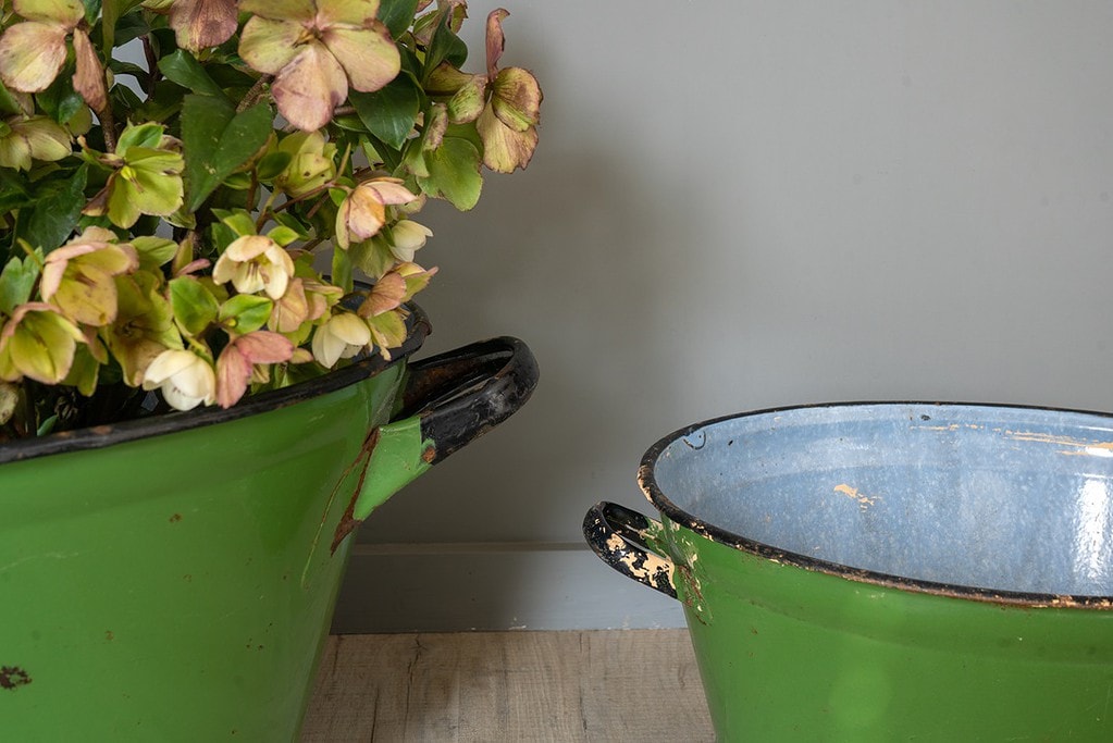 A Green Pair of Vintage Enamel Planters - DGA by Tina Bird